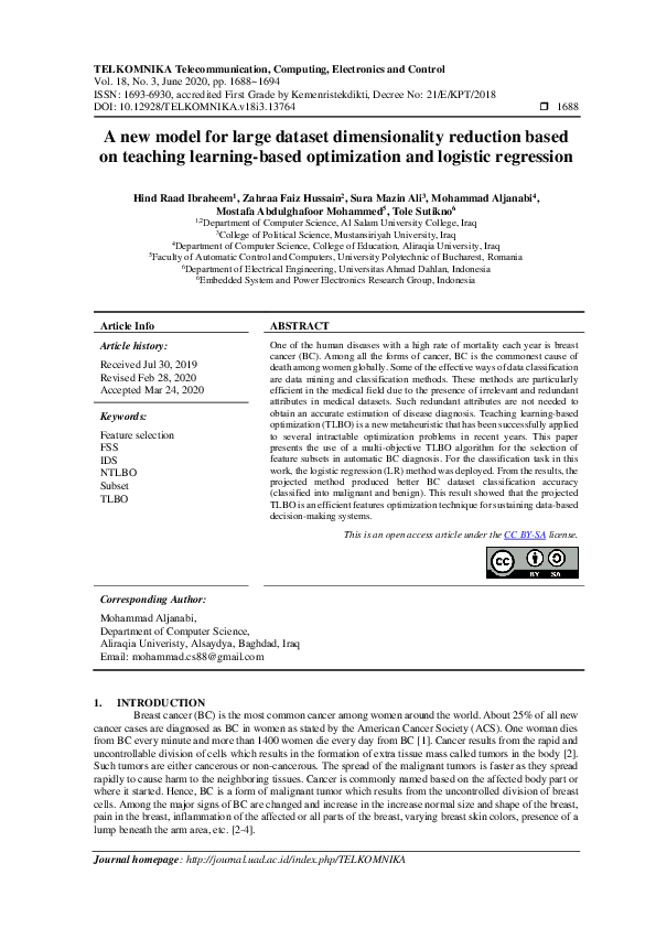 (PDF) A new model for large dataset dimensionality reduction based on teaching learning-based ...