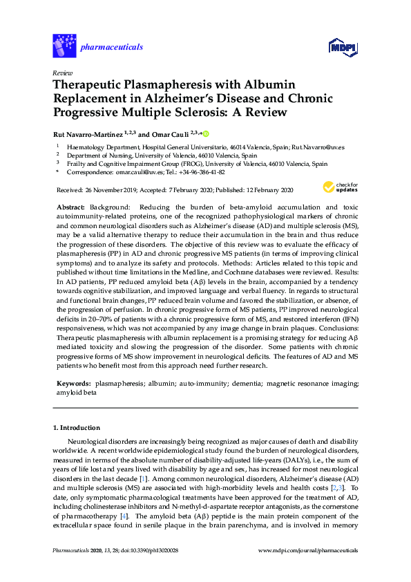 (PDF) Therapeutic Plasmapheresis with Albumin Replacement in Alzheimer’s Disease and Chronic ...