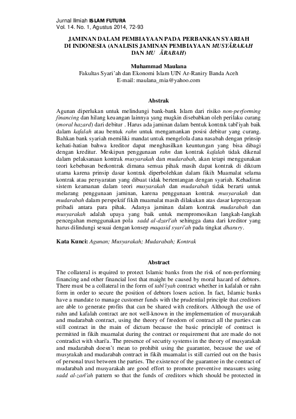 (PDF) JAMINAN DALAM PEMBIAYAAN PADA PERBANKAN SYARIAH DI INDONESIA (Analisis Jaminan Pembiayaan ...