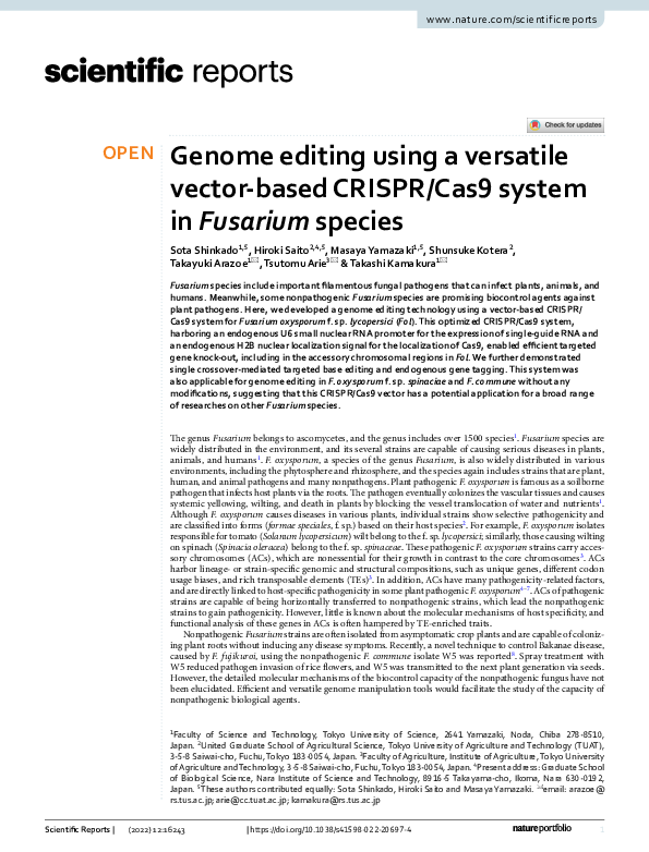 (PDF) Genome editing using a versatile vector-based CRISPR/Cas9 system in Fusarium species