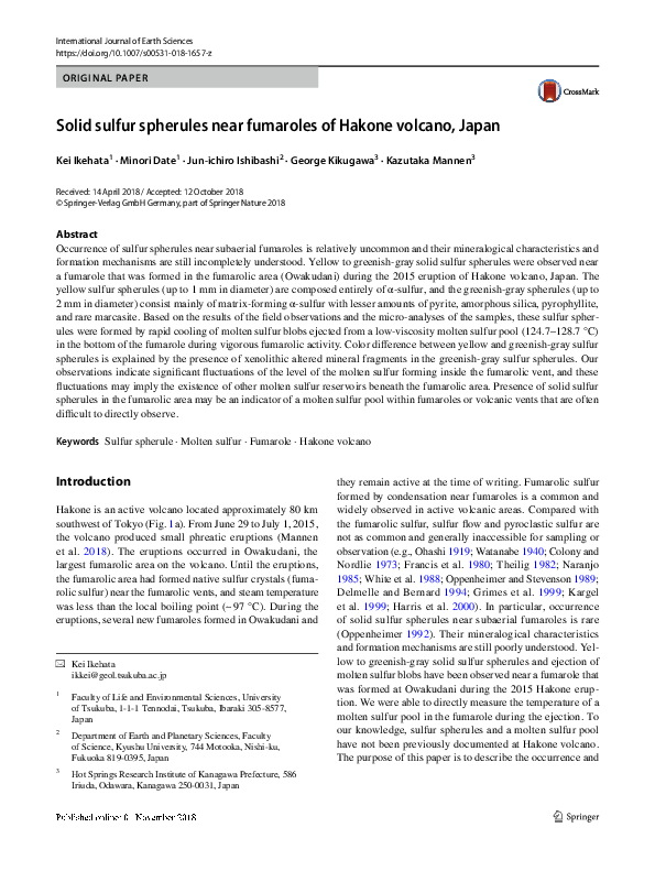 (PDF) Solid sulfur spherules near fumaroles of Hakone volcano, Japan