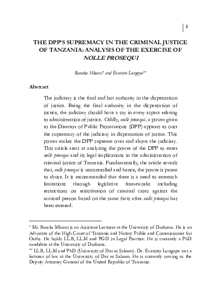 (PDF) The DPP’s Supremacy in the Criminal Justice of Tanzania: Analysis ...