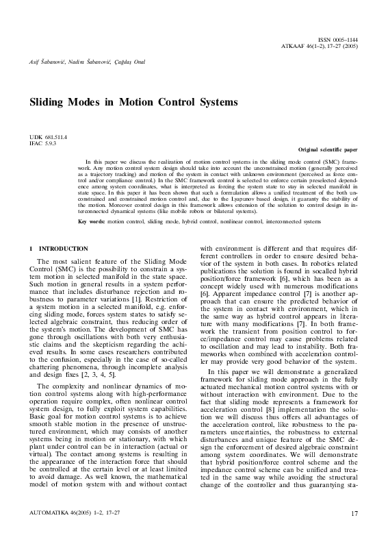 (PDF) Sliding modes in motion control systems