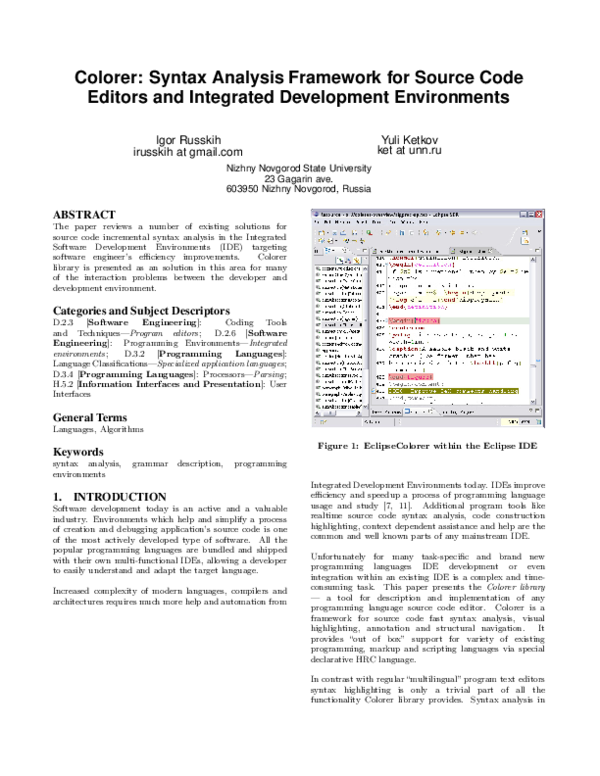 (PDF) Colorer : Syntax Analysis Framework for Source Code Editors and Integrated Development ...