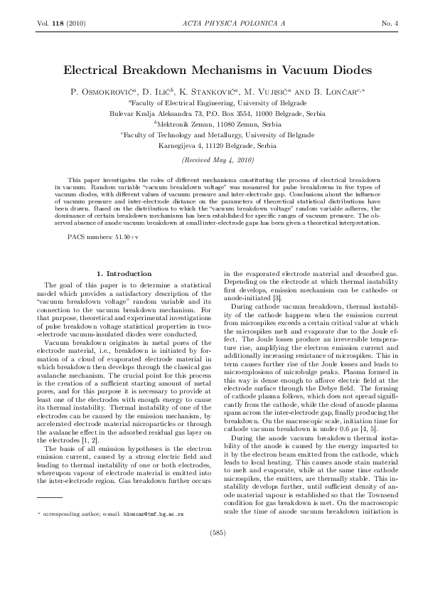 (PDF) Electrical breakdown mechanisms in vacuum diodes