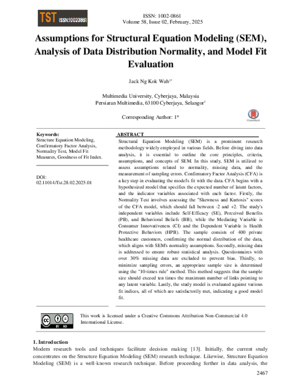 (PDF) Assumptions for Structural Equation Modeling (SEM), Analysis of Data Distribution ...