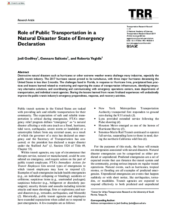 (PDF) Role of Public Transportation in a Natural Disaster State of ...
