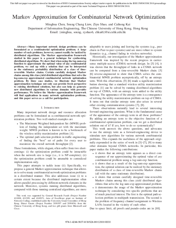 (PDF) Markov Approximation for Combinatorial Network Optimization
