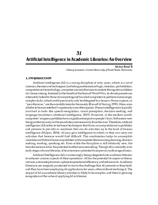 (PDF) Artificial Intelligence in Academic Libraries: An Overview