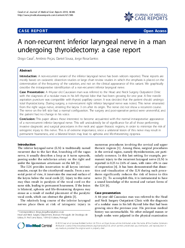 (PDF) A non-recurrent inferior laryngeal nerve in a man undergoing thyroidectomy: a case report