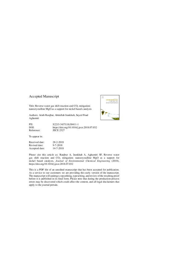 Pdf Reverse Water Gas Shift Reaction And Co2 Mitigation Nanocrystalline Mgo As A Support For