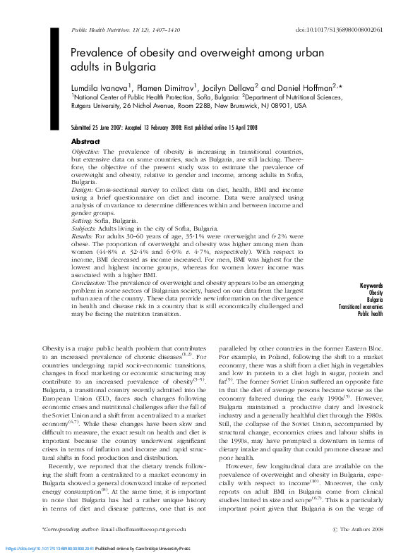 (PDF) Prevalence of obesity and overweight among urban adults in Bulgaria