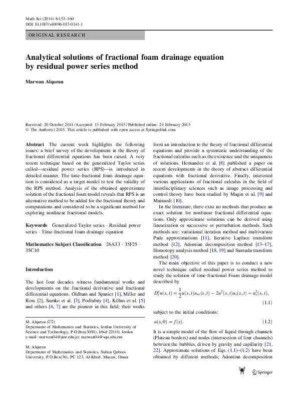 (PDF) Analytical solutions of fractional foam drainage equation by residual power series method