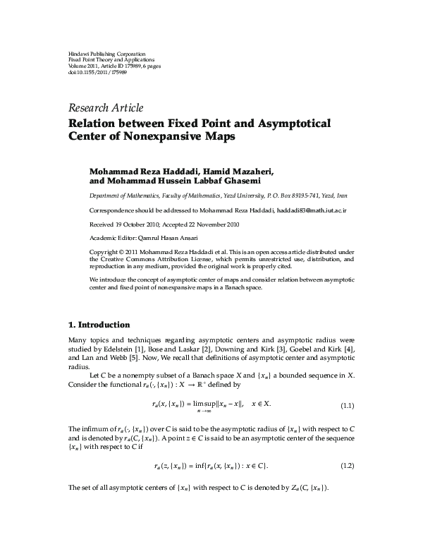 (PDF) Relation between Fixed Point and Asymptotical Center of Nonexpansive Maps