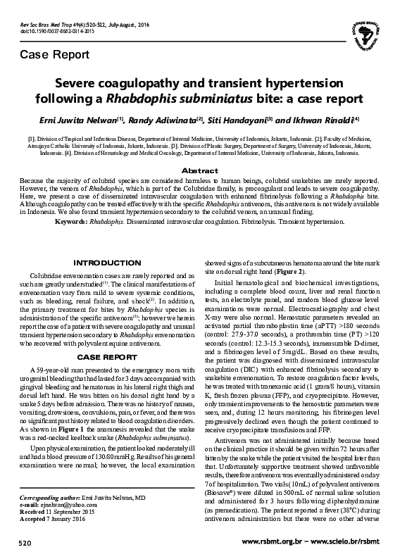 (PDF) Severe coagulopathy and transient hypertension following a ...