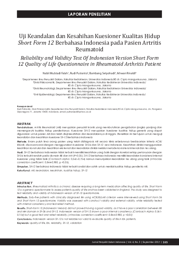 (PDF) Uji Keandalan dan Kesahihan Kuesioner Kualitas Hidup Short Form ...
