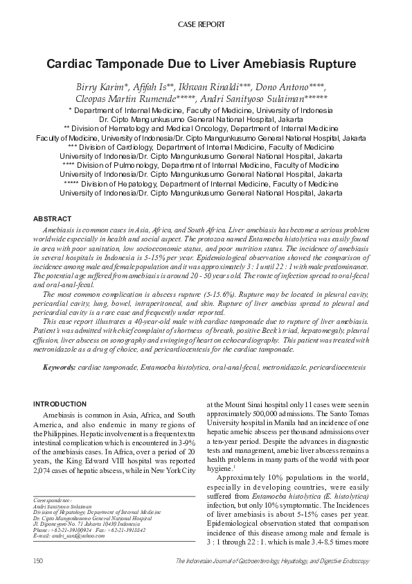 (PDF) Cardiac Tamponade Due to Liver Amebiasis Rupture