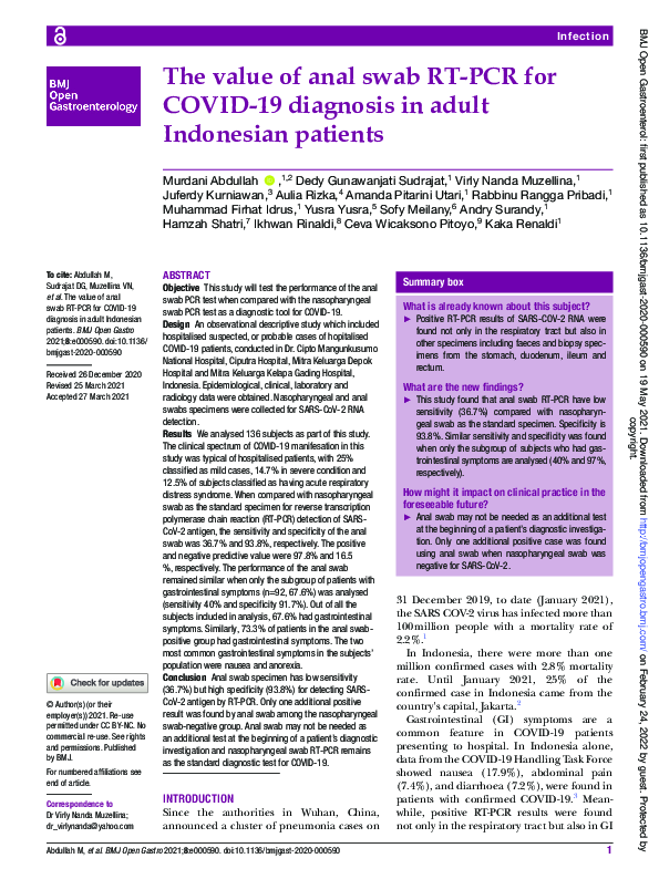 (PDF) The value of anal swab RT-PCR for COVID-19 diagnosis in adult ...