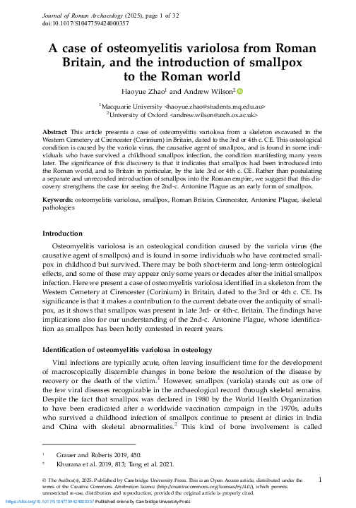 (PDF) A case of osteomyelitis variolosa from Roman Britain, and the ...