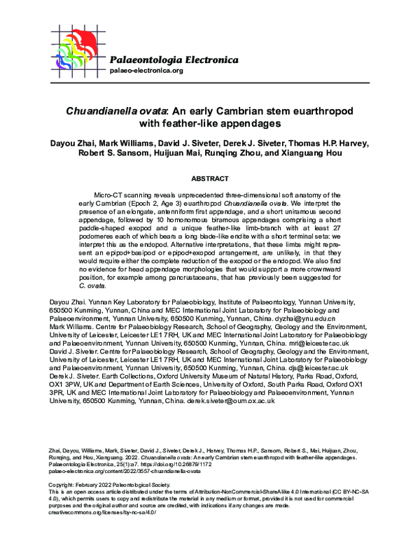 (PDF) Chuandianella ovata: An early Cambrian stem euarthropod with ...