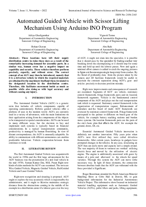 (PDF) Automated Guided Vehicle with Scissor Lifting Mechanism Using Arduino INO Program