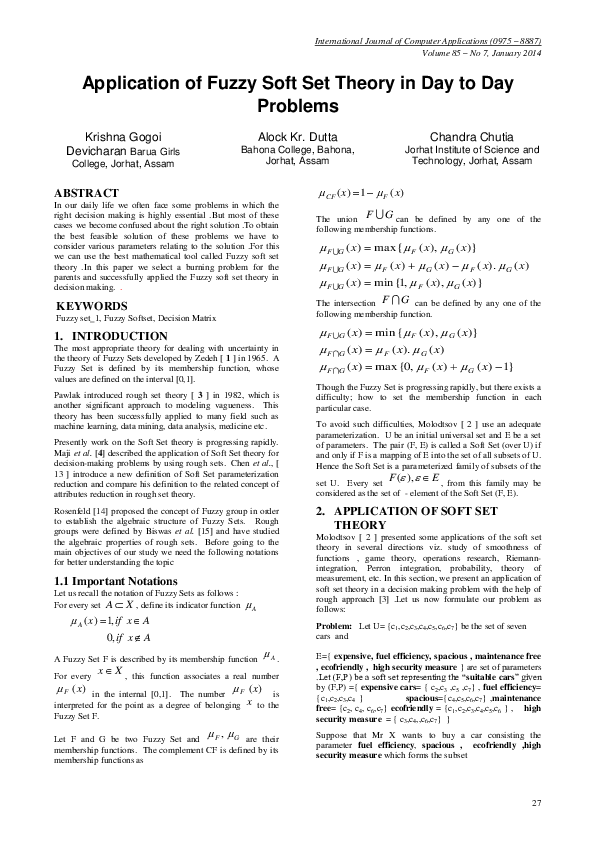 (PDF) Application of Fuzzy Soft Set Theory in Day to Day Problems
