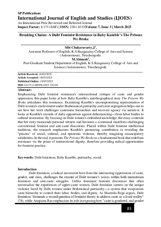 (PDF) Breaking Chains: A Dalit Feminist Resistance in Baby Kamble's The ...