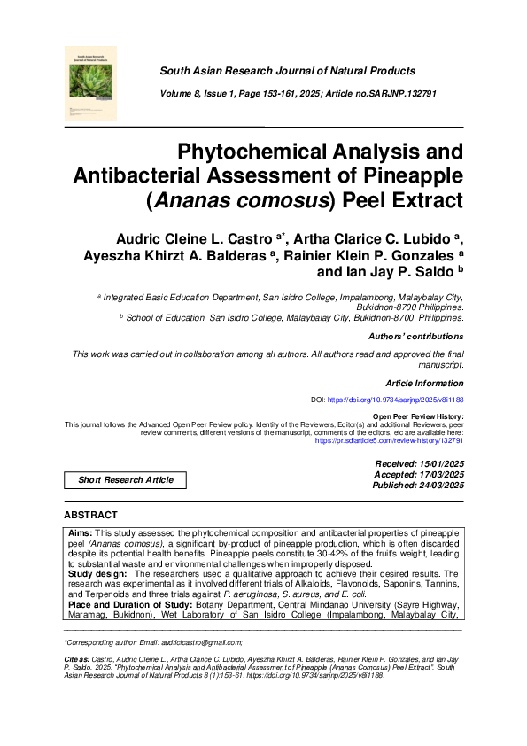(PDF) Phytochemical Analysis and Antibacterial Assessment of Pineapple (Ananas comosus) Peel Extract