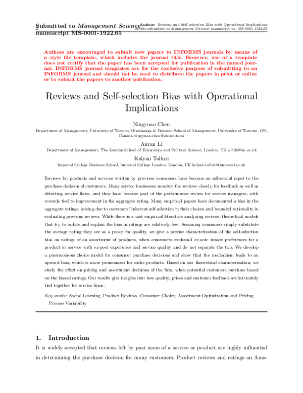 (PDF) Reviews and Self-Selection Bias with Operational Implications