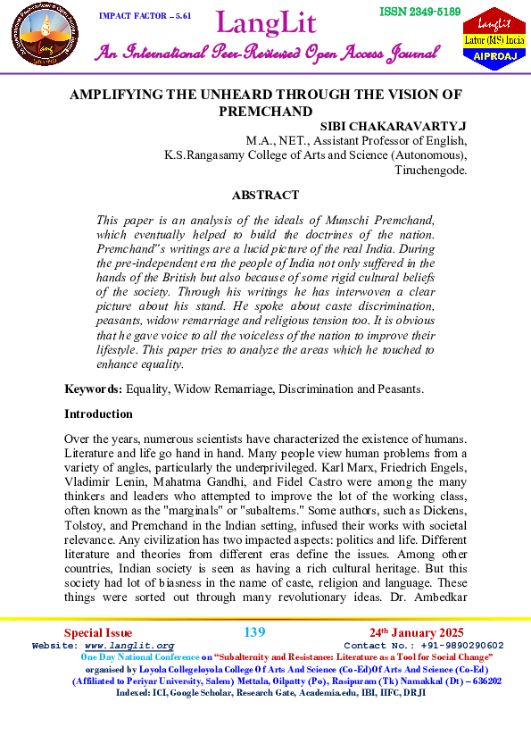 (PDF) AMPLIFYING THE UNHEARD THROUGH THE VISION OF PREMCHAND