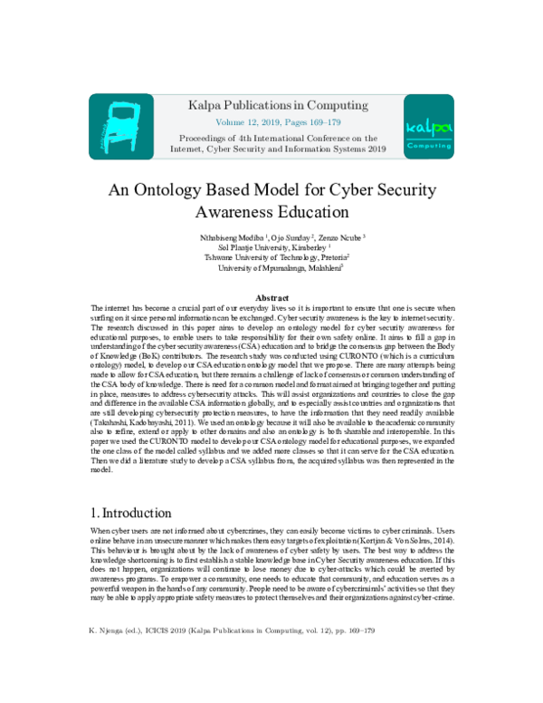 Pdf An Ontology Based Model For Cyber Security Awareness Education