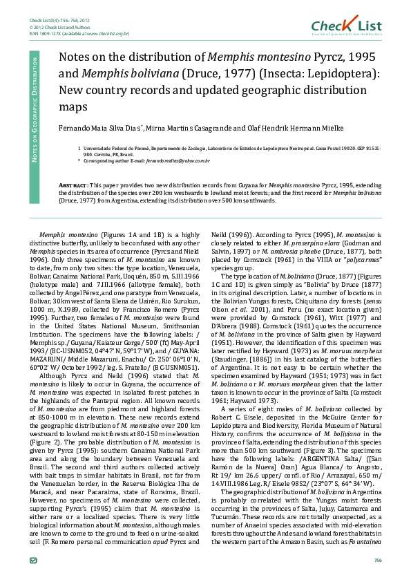 (PDF) Notes on the distribution of Memphis montesino Pyrcz, 1995 and ...