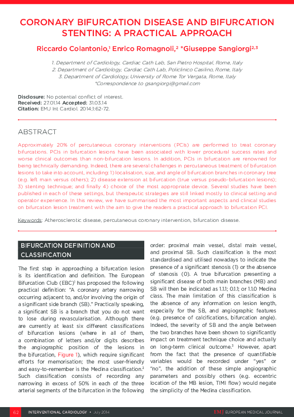 (PDF) Coronary Bifurcation Disease and Bifurcation Stenting: A ...