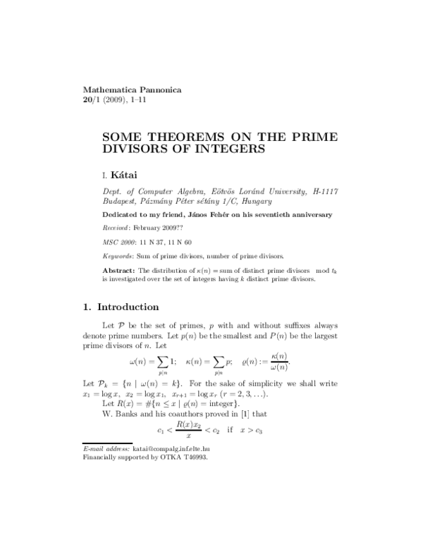 (PDF) Some Theorems on the Prime Divisors of Integers