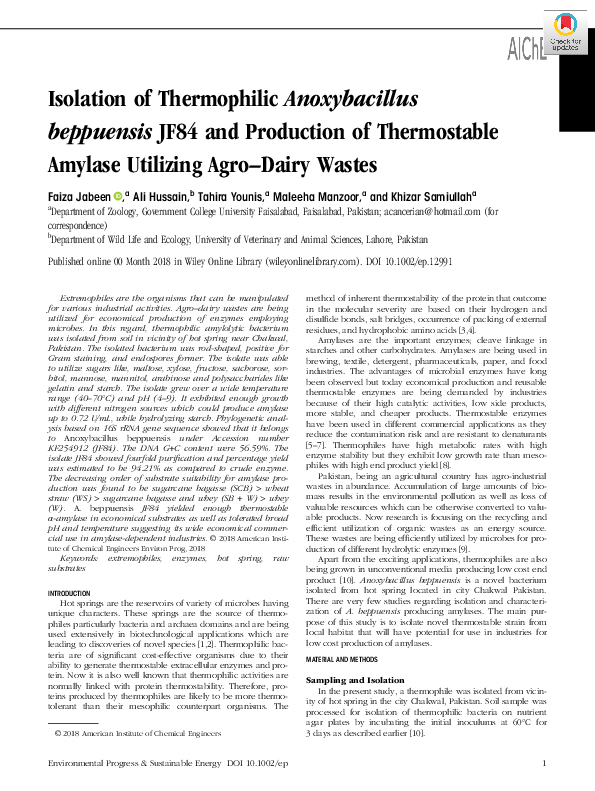 (PDF) Isolation of thermophilic Anoxybacillus beppuensis JF84 and ...