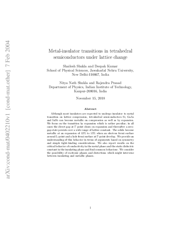 (PDF) Metal–Insulator Transitions in Tetrahedral Semiconductors Under Lattice Change
