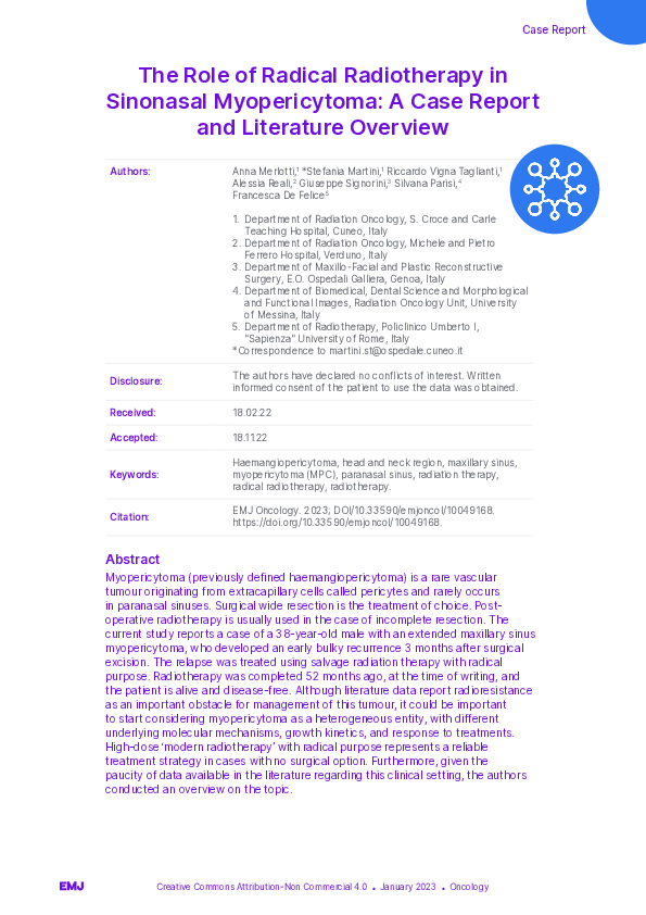 (PDF) The Role of Radical Radiotherapy in Sinonasal Myopericytoma: A ...