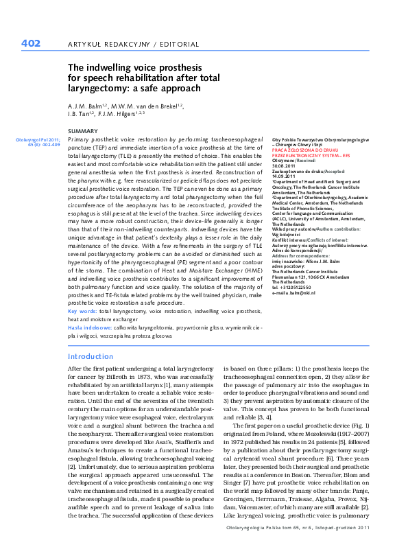 (PDF) The indwelling voice prosthesis for speech rehabilitation after ...