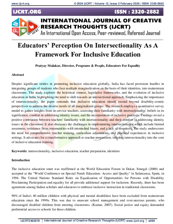 (PDF) Educators' Perception On Intersectionality As A Framework For ...
