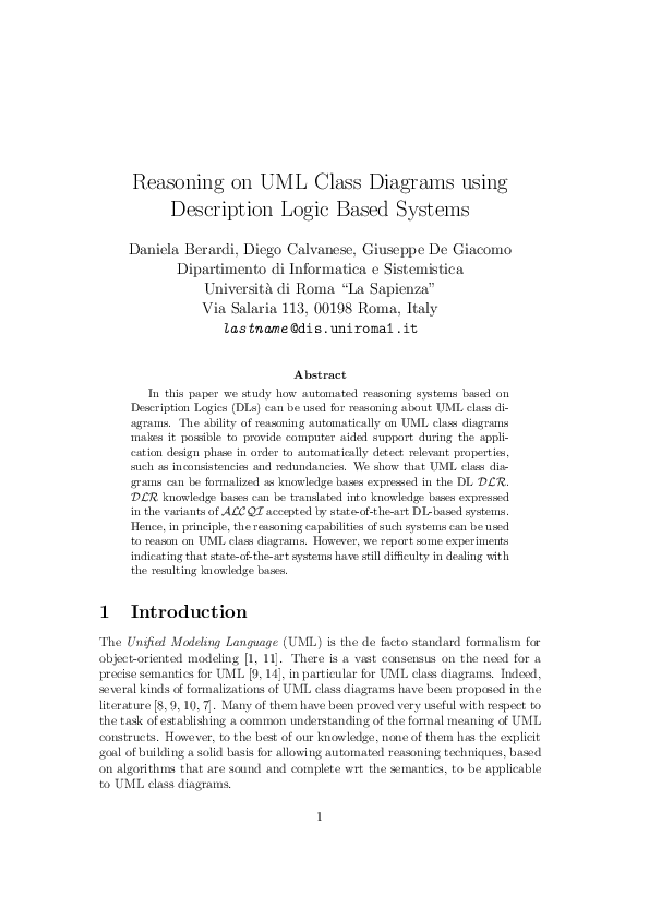 (PDF) Reasoning on UML class diagrams using description logic based systems