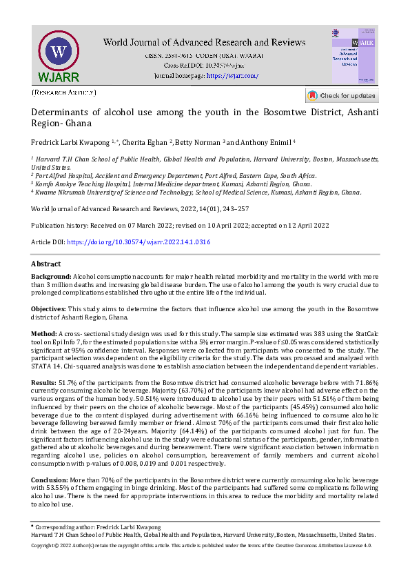 (PDF) Determinants of alcohol use among the youth in the Bosomtwe ...