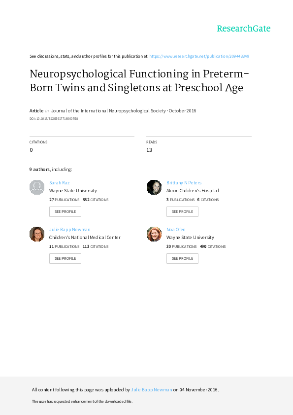 (PDF) Neuropsychological Functioning in Preterm-Born Twins and ...