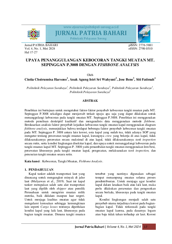 (PDF) Upaya Penanggulangan Kebocoran Tangki Muatan Mt. Sepinggan P.3008 ...