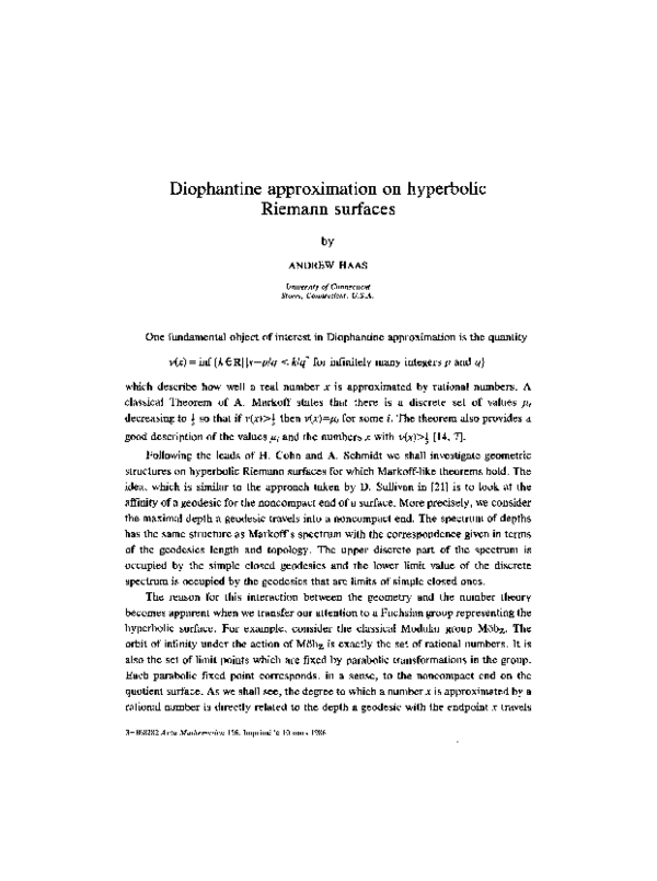 (PDF) Diophantine approximation on hyperbolic Riemann surfaces