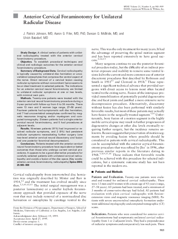 (PDF) Anterior Cervical Foraminotomy for Unilateral Radicular Disease