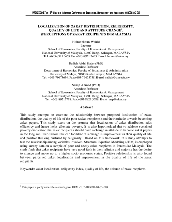 (PDF) Localization of Zakat Distribution, Religiosity, Quality of Life and Attitude Change 1 ...