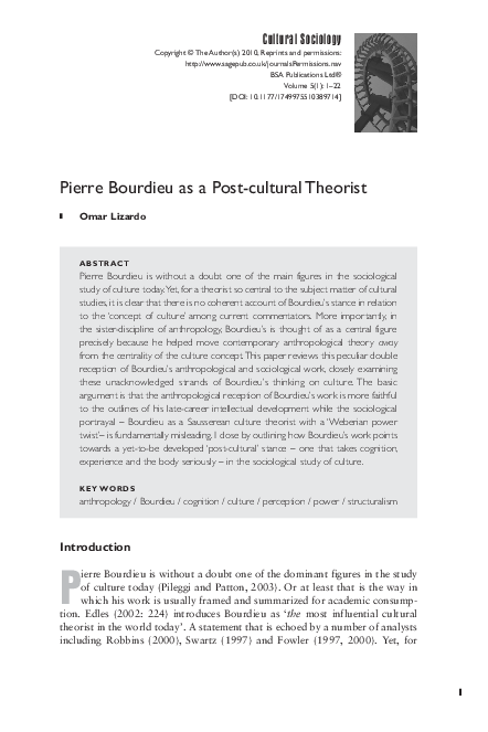 (PDF) Pierre Bourdieu as a Post-cultural Theorist