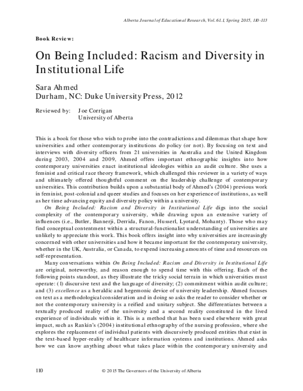 (PDF) On Being Included: Racism and Diversity in Institutional Life ...