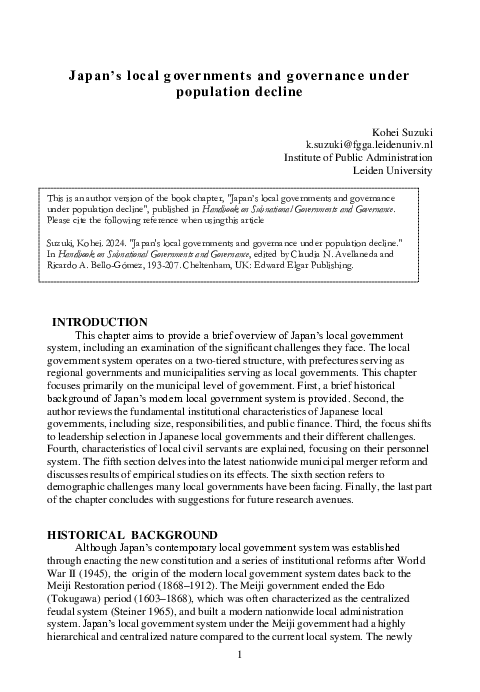 (PDF) Japan's local governments and governance under population decline