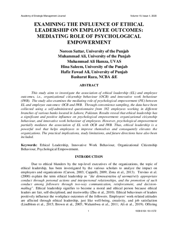 (PDF) Examining the Influence of Ethical Leadership on Employee Outcomes: Mediating Role of ...